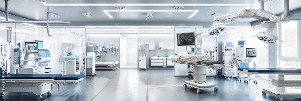 An overhead view showcasing a modern hospital room, featuring advanced ...