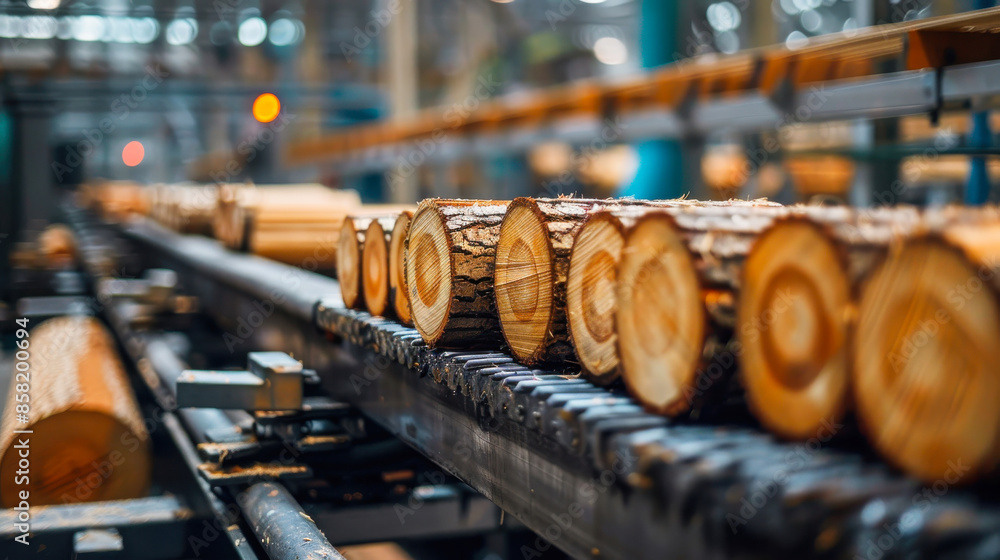 Automated Sawmill with Cutting Logs. Logs moving along a conveyor belt ...