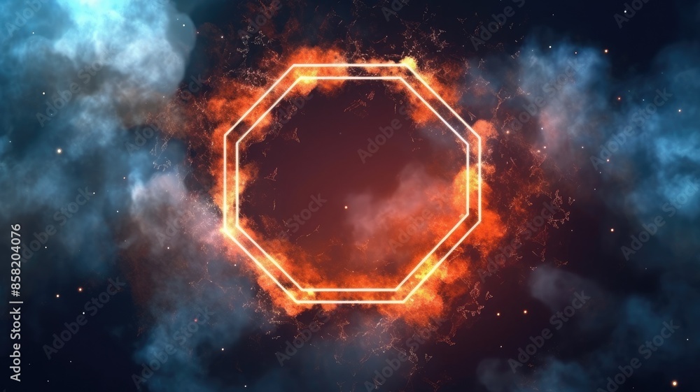 Glowing hexagonal frame in the clouds. Digital art with fiery effect ...