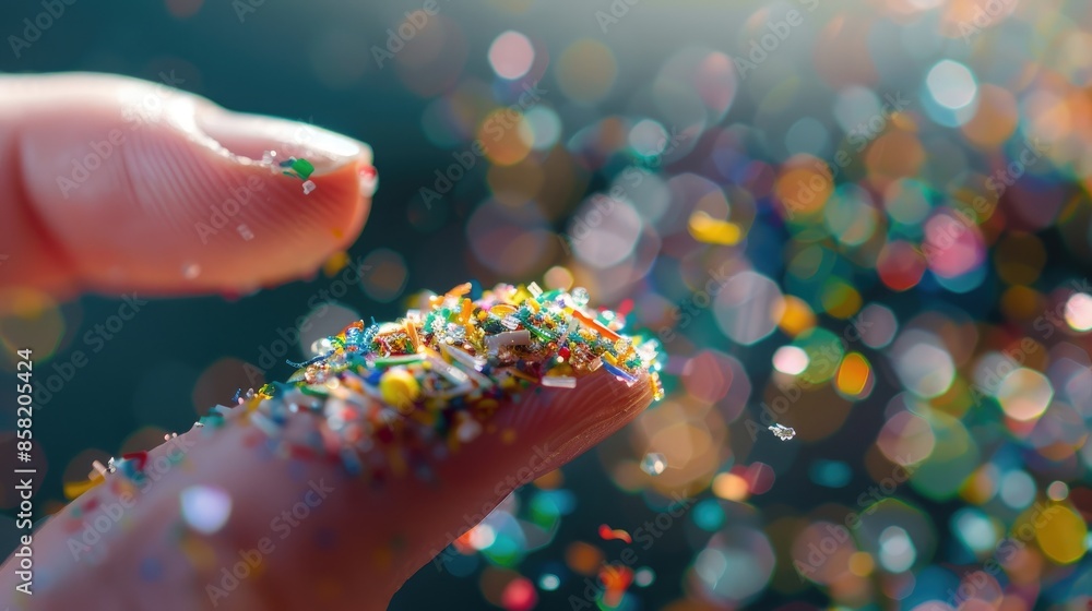 Close up of microplastics on human finger illustrating plastic ...