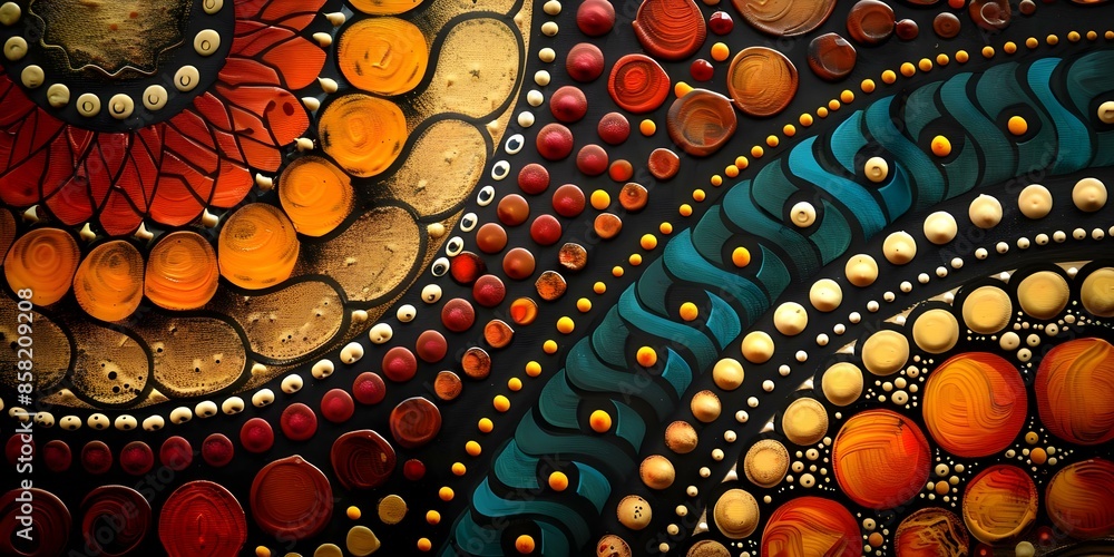 Detailed look at colorful Aboriginal dot painting with natural hues and ...