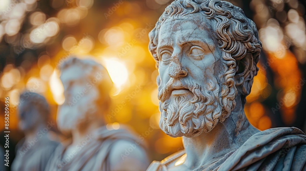 Blurred background of ancient Greek philosopher statues and their ...