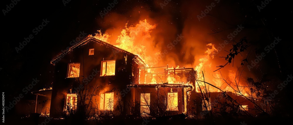 Flames consume a house, turning it into a blazing inferno, with thick ...