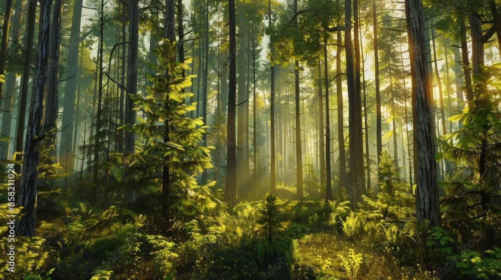 Explore the lush forests of the Pacific Northwest, where towering evergreen trees create a ...