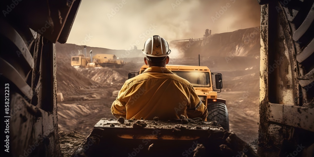 Driver in mining dump truck at a mining site. Concept Mining industry ...