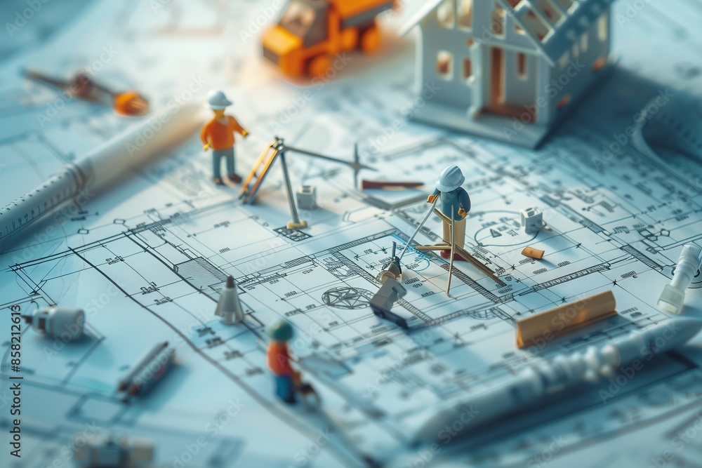 Miniature construction workers on detailed architectural blueprints ...