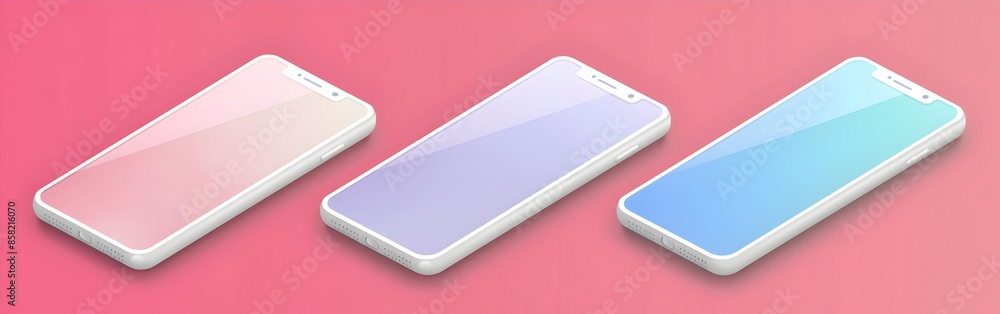 3 set of blank white mobile phone screen, isometric view, vector ...