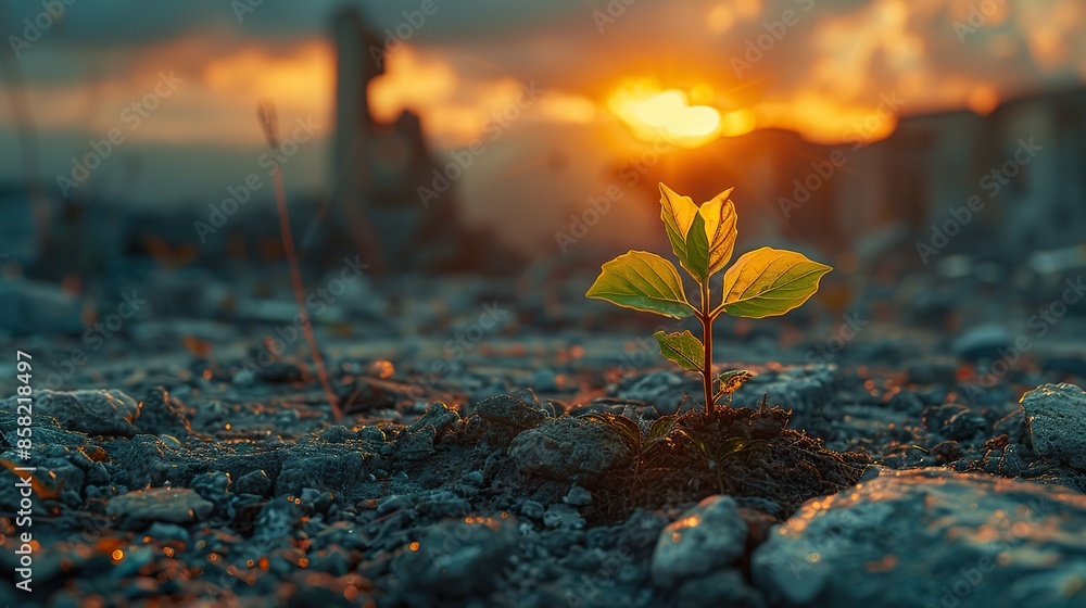 Amidst shattered remnants, a tiny sprout emerges, a symbol of hope ...
