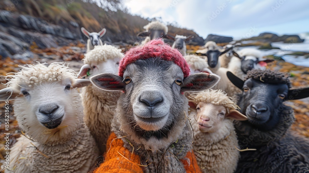 Smiling goats and sheep posing for a funny selfie with happy ...