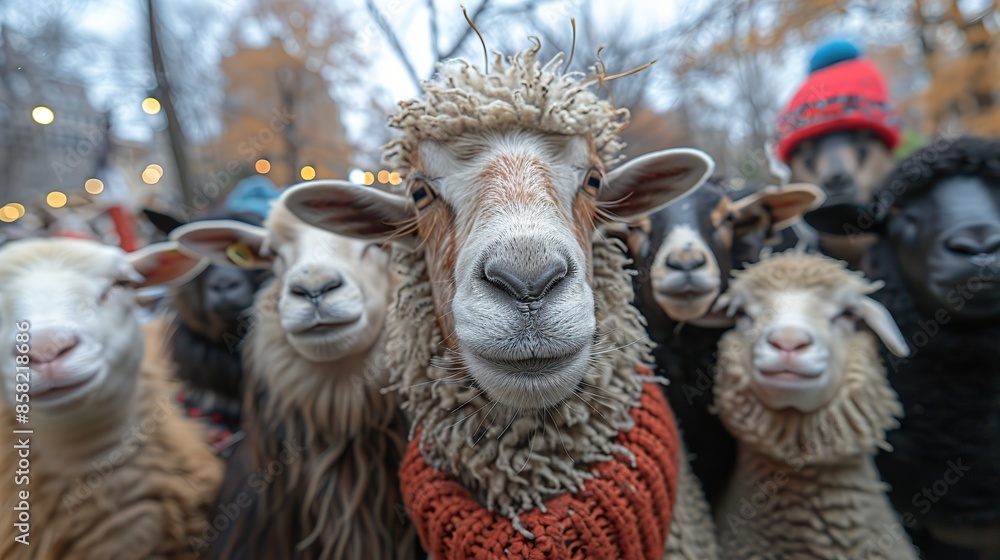 Smiling goats and sheep posing for a funny selfie with happy ...