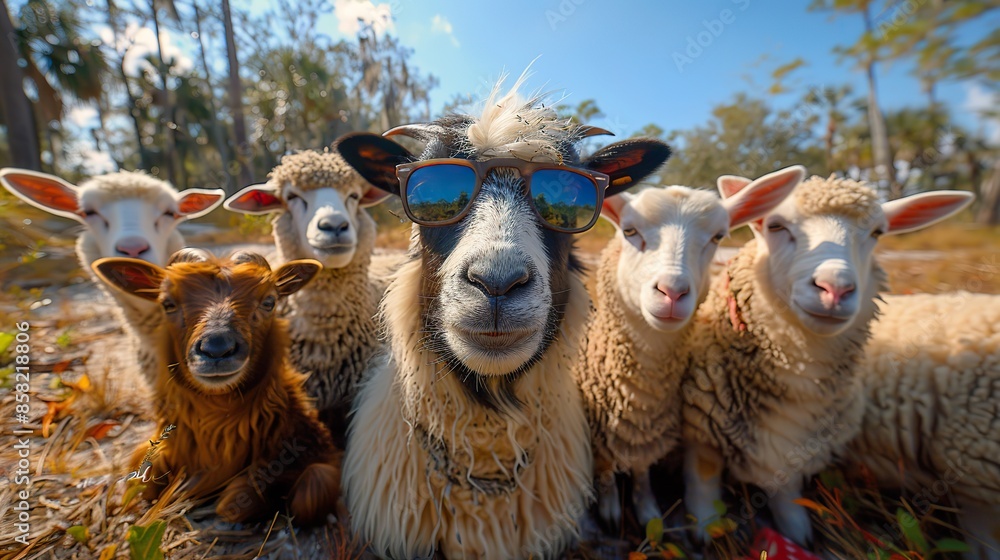 Smiling goats and sheep posing for a funny selfie with happy ...