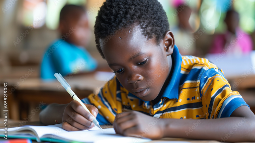African child writing in a notebook at a school desk, with focus on ...