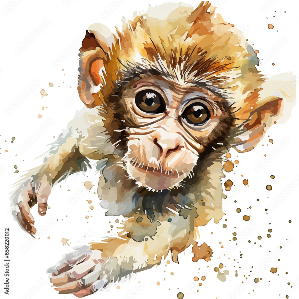 Watercolor vector of a baby monkey, isolated on a white background ...