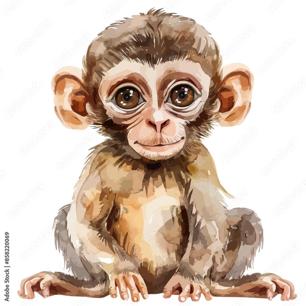 Watercolor of a baby monkey, isolated on a white background, baby ...