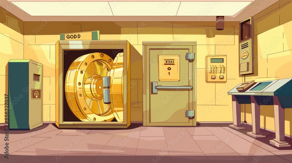 Gold vault flat design side view investment theme cartoon drawing Split ...