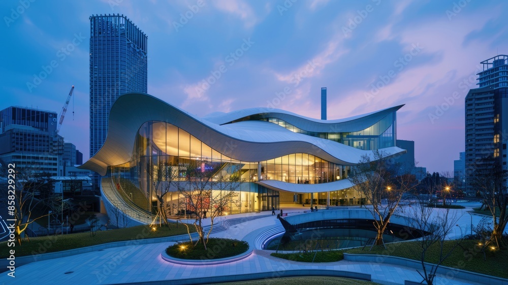 Wavy design, glass facade of architecture shine beautifully in evening ...
