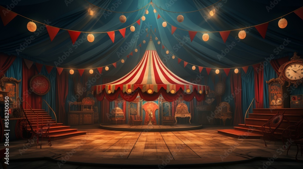 3d circus podium with red curtain, vintage spotlight, arena sign ...