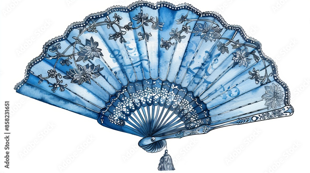 Vintage antique blue open fold hand fan with lace pattern on white ...