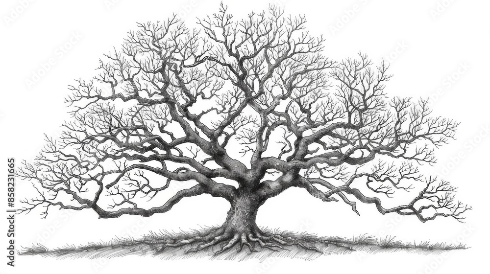 Hand drawn vintage illustration of large growing oak tree without ...