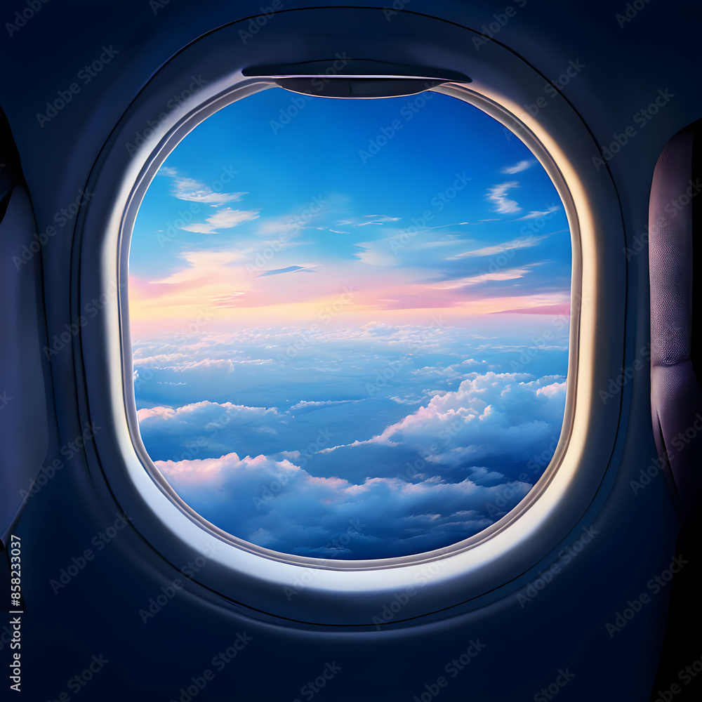 Airplane window with beautiful sky. Airplane window. Travel and tourism ...