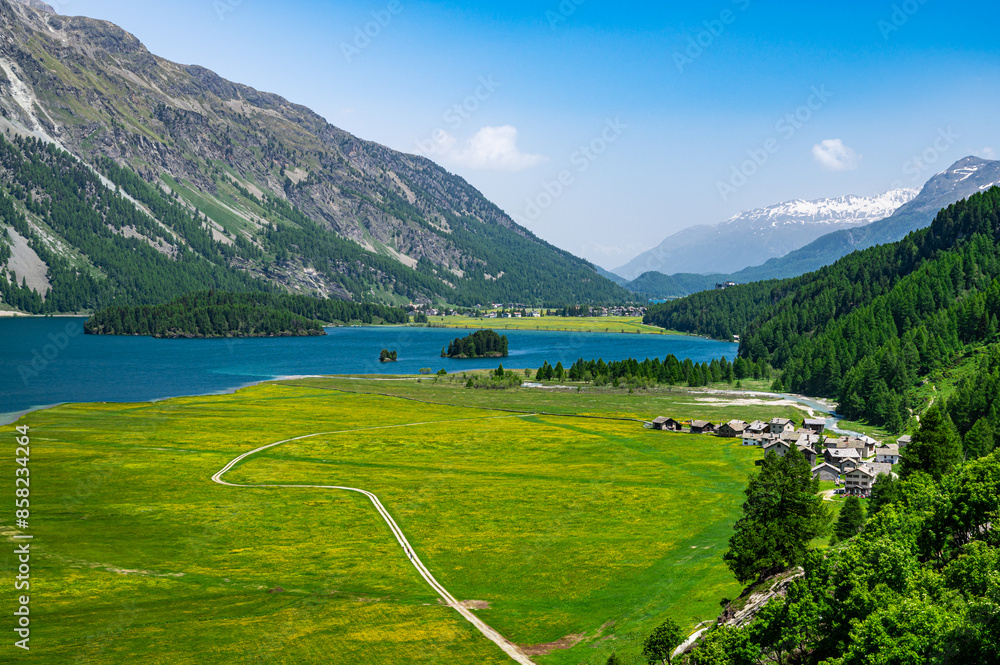Upper Engadine, Lake Sils, and the village of Isola, photographed from ...