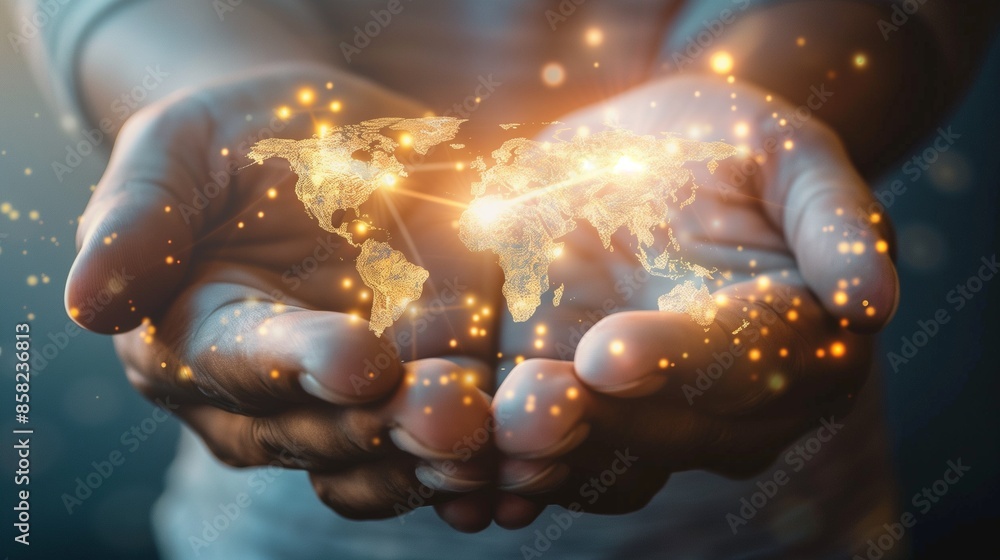 Diverse hands holding a glowing globe, symbolizing unity and global ...