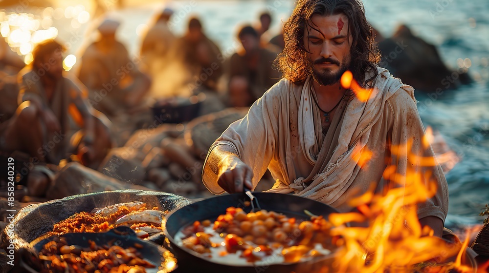 Jesus prepares a meal for his disciples on the shore, a reflection of ...