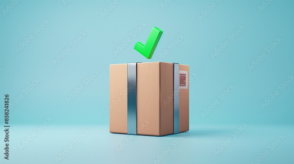 Cardboard box with a green check mark symbol against a light blue ...