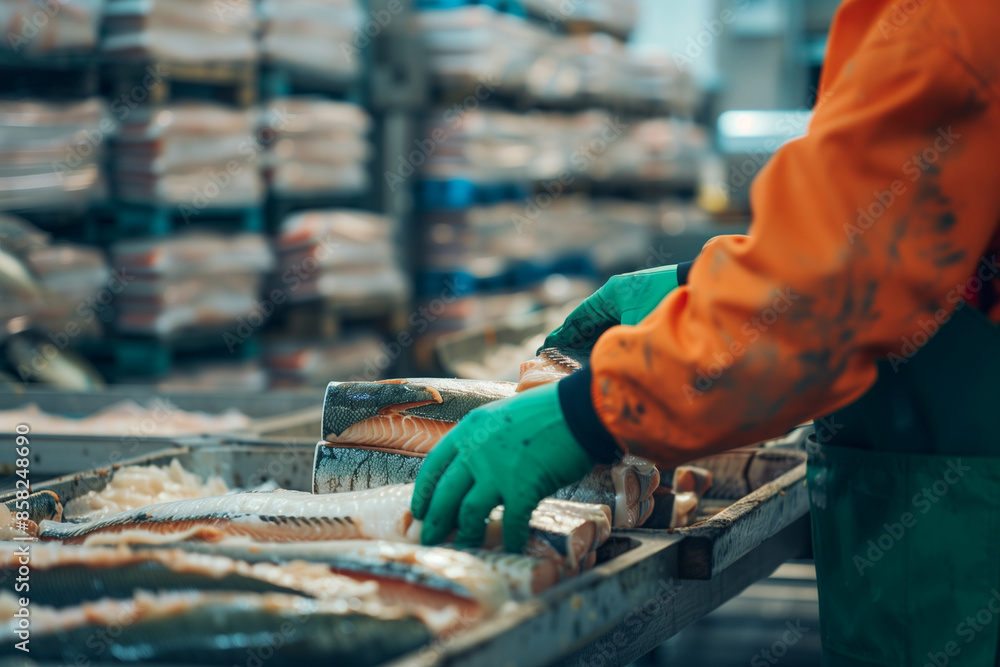 warehouse employee wearing gloves, an orange jacket, and a green apron ...