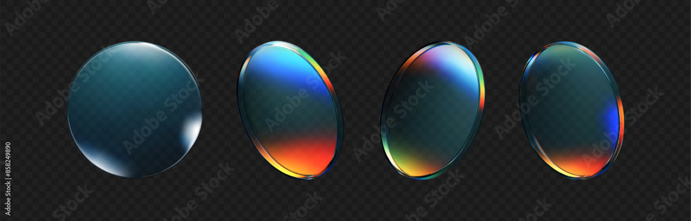 3d crystal glass plate set with rainbow, holographic effect isolated on ...
