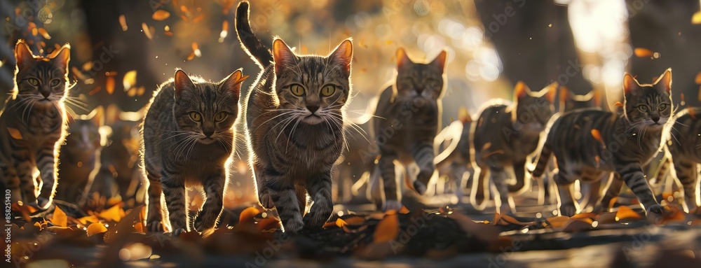 Capture a frontal view of a group of cute cats herding together in a ...