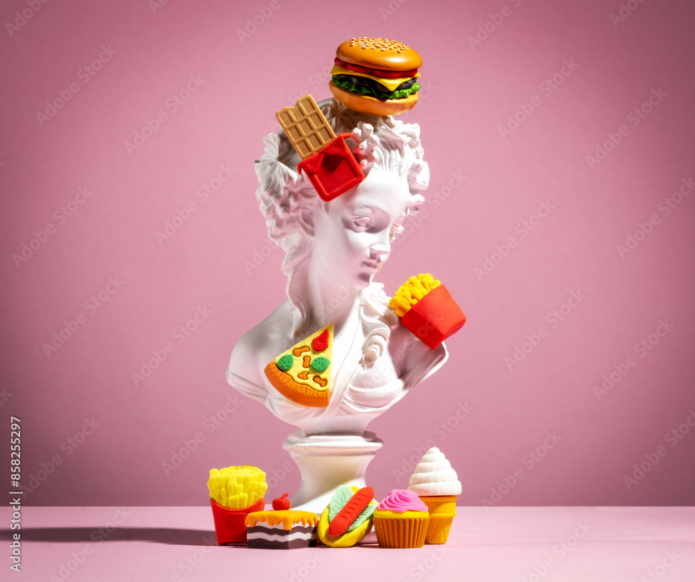 Plaster statue of woman pasted with miniature fast food on pink ...