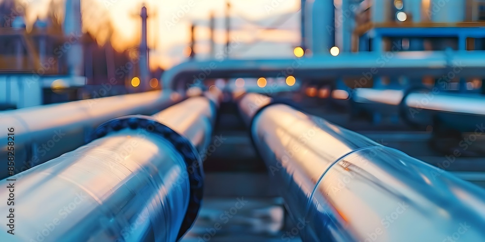 Blurred oil gas pipeline in industrial refinery during refining process ...