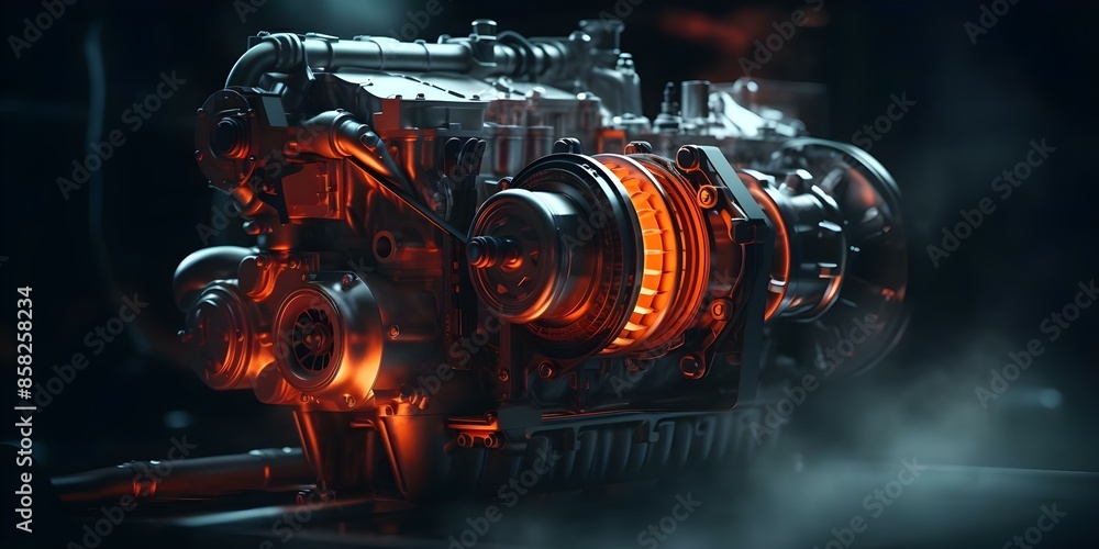 Diesel turbo engine against dark background with twinturbine engine ...