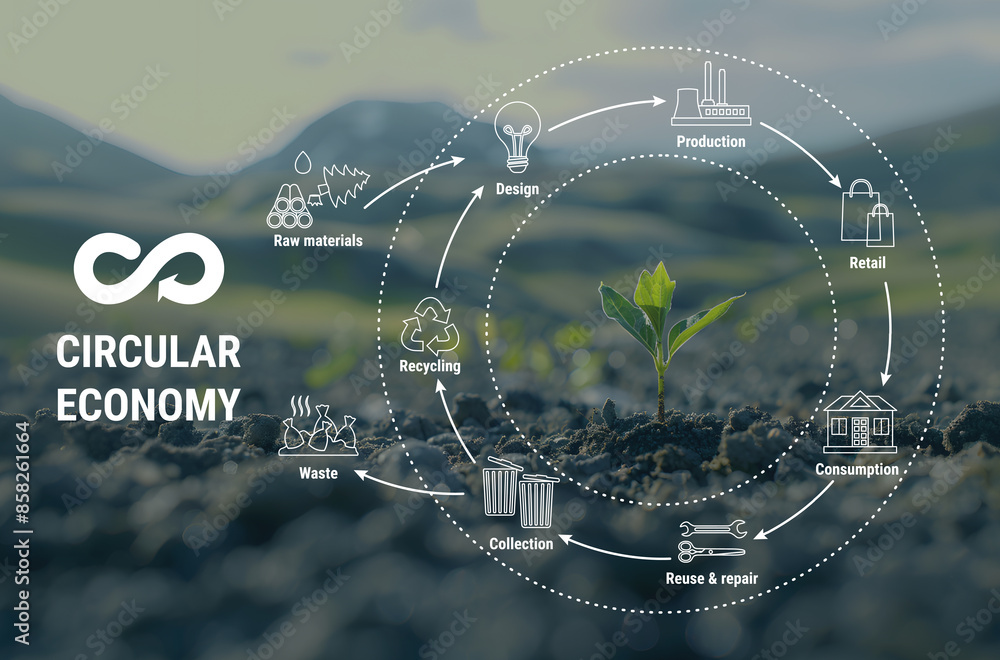 Circular economy concept. A plant growing up from soil with scheme of ...