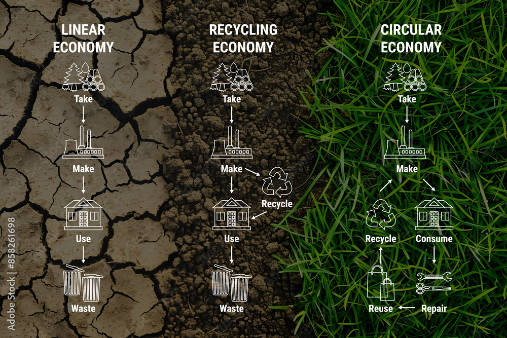 Comparison of linear, recycling and circular economy infographic on dry ...