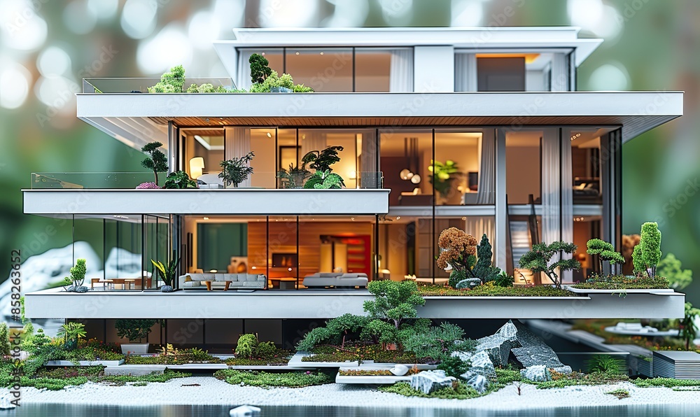 Modern residential building model with blueprints, elevations, and CAD ...