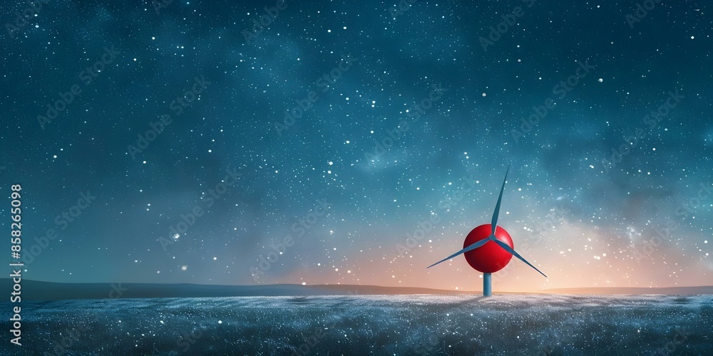 Wind turbine drawing with red ball center and starry sky background ...