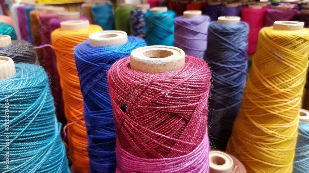 Another view of yarn spools with various vibrant colors, Stock ...