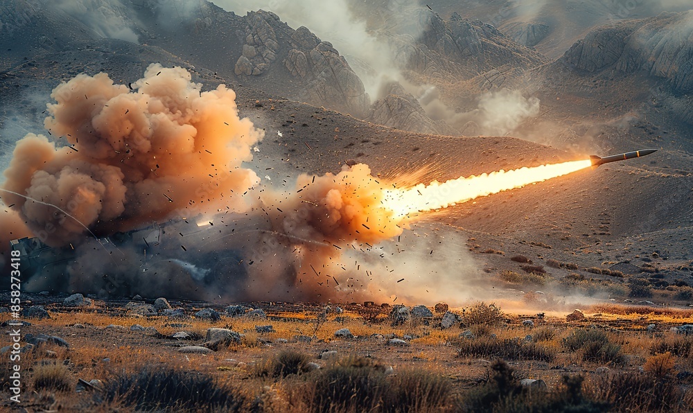 Create a wide poster design featuring a panoramic view of a military ...