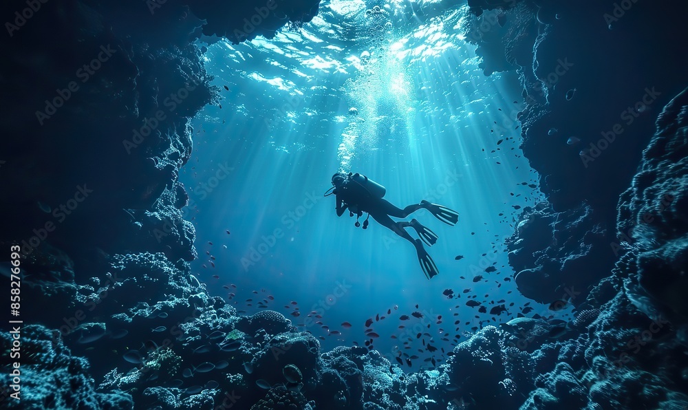 Explore the wonders of the ocean's depths: scuba divers navigate an ...