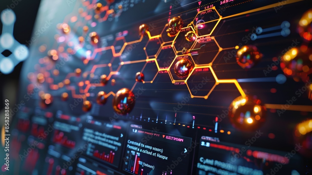 A close-up photograph of a computer screen displaying a molecular ...