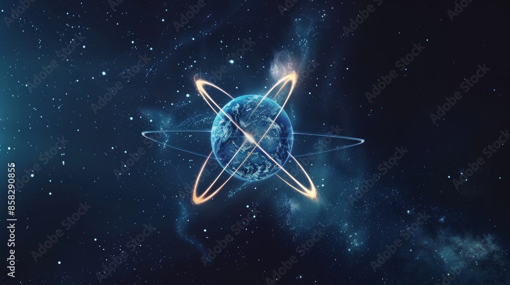 ภาพประกอบสต็อก A digitally illustrated atom with electrons orbiting a ...