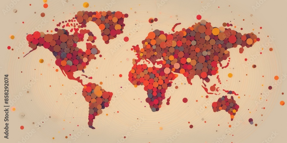 Stylized world map composed of multicolored circles on a white ...