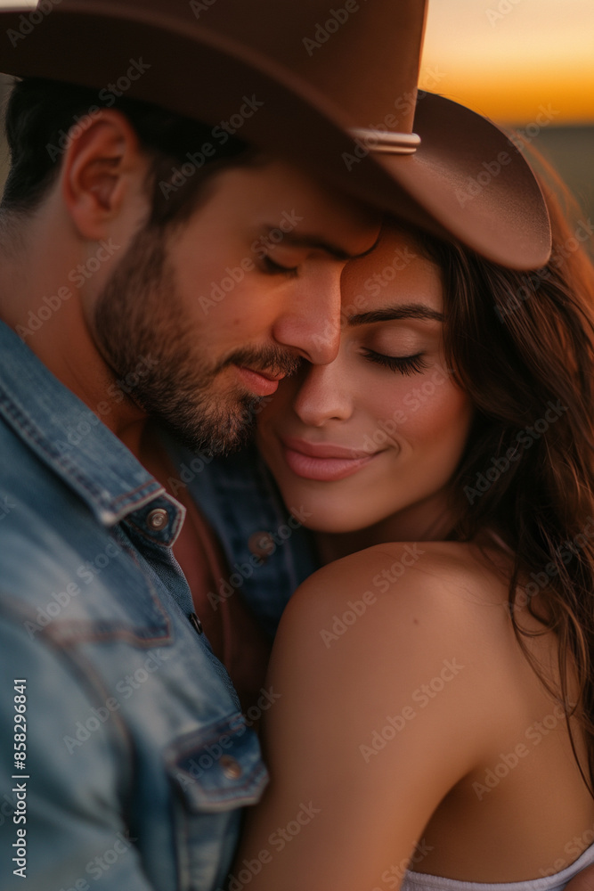 On a charming sunset farm, a young western couple in love. Handsome ...