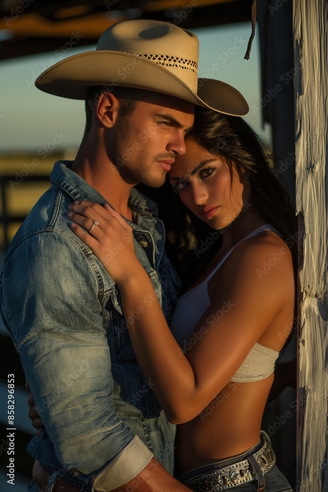 Sunset farm scene with young western couple in love. Handsome cowboy ...