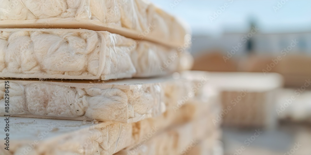 Closeup photo of glass mineral wool insulation packs in a construction ...