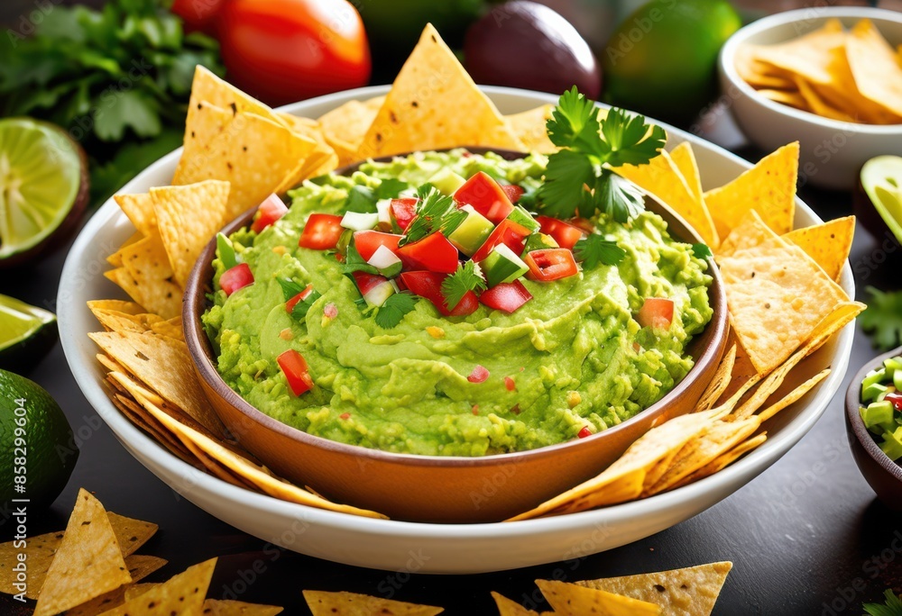 fresh guacamole bowl crispy tortilla delicious appetizer party setting ...