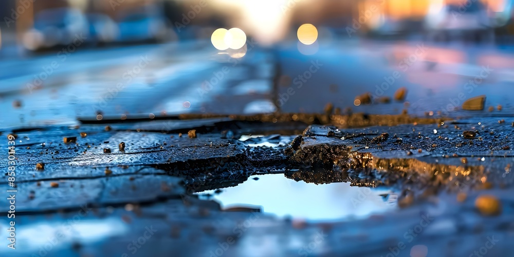 Urban street with large waterfilled potholes showcases road damage and ...