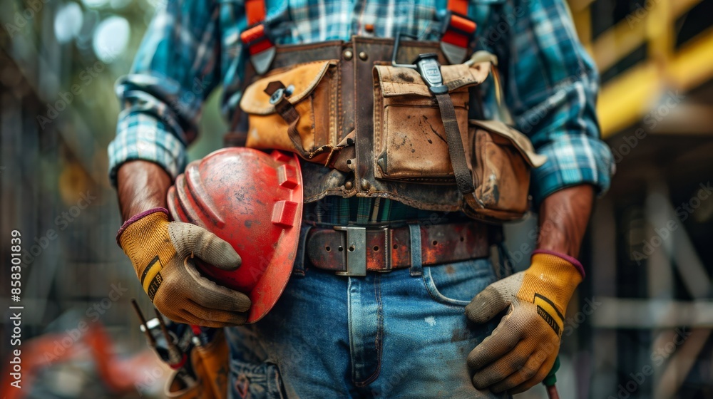 A construction worker, clad in a flannel shirt and an equipped tool ...